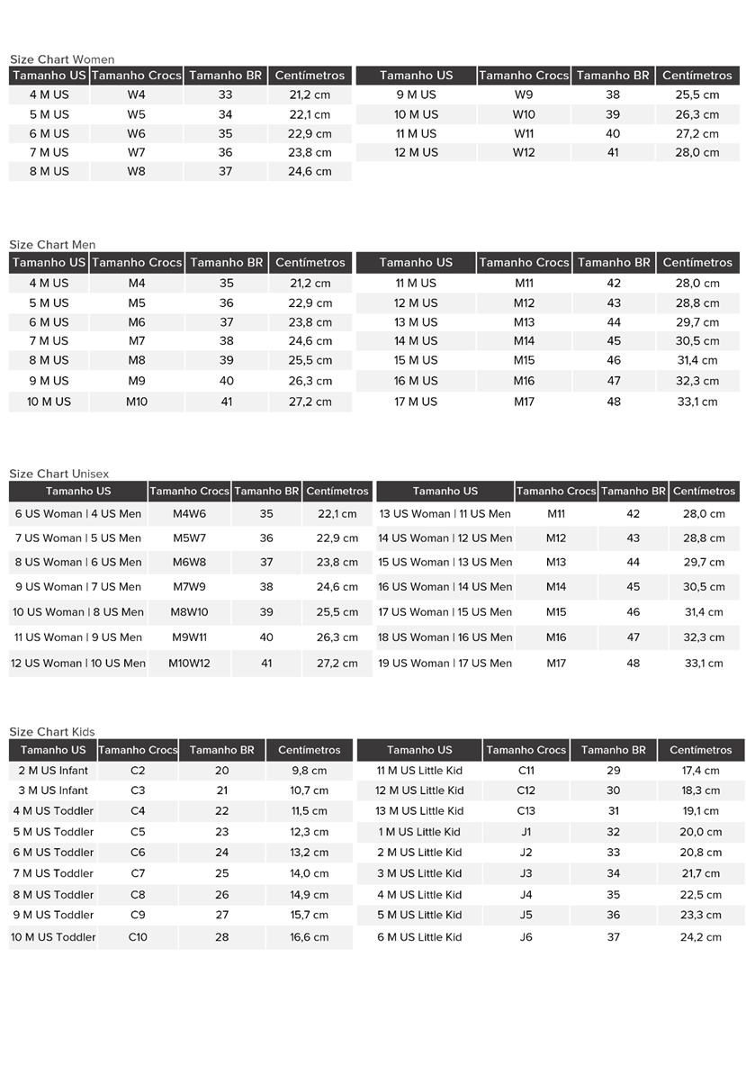 Tabela de Medidas – Crocs